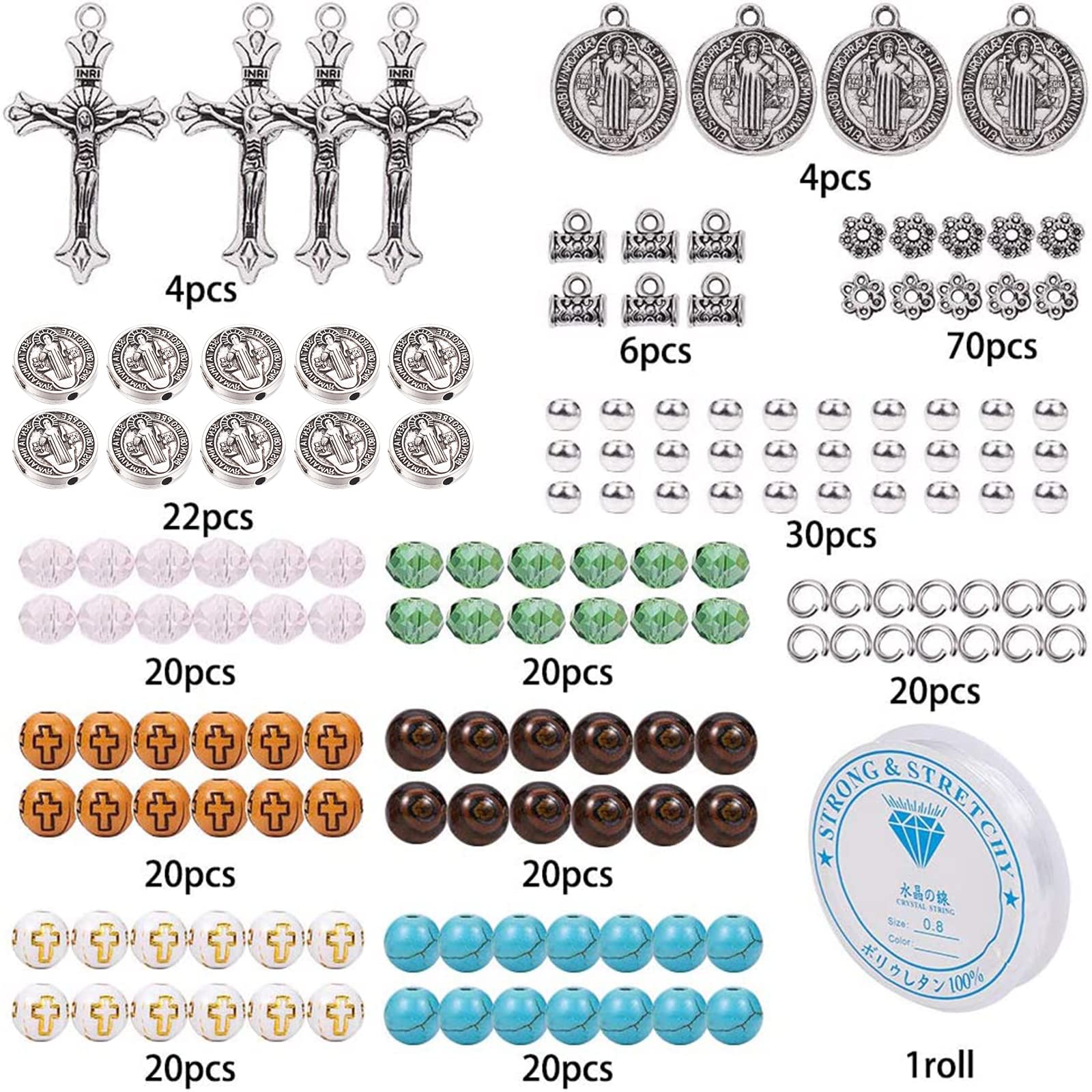 SUNNYCLUE 1 Box 276Pcs Rosary Cross Charms Round Cross Beads Beading Bracelets Making Kit DIY Synthetic Turquoise Beaded Adjustable Stretch Rosary Bracelet Kits Cross Beads Craft Kit Instruction