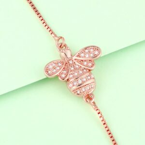 Lepida Micro Pave Bee Pendant Womens Bracelets with Adjustable Box Chain Crystal Diamond CZ Honeybee Jewelry for Her Gift, Rose gold