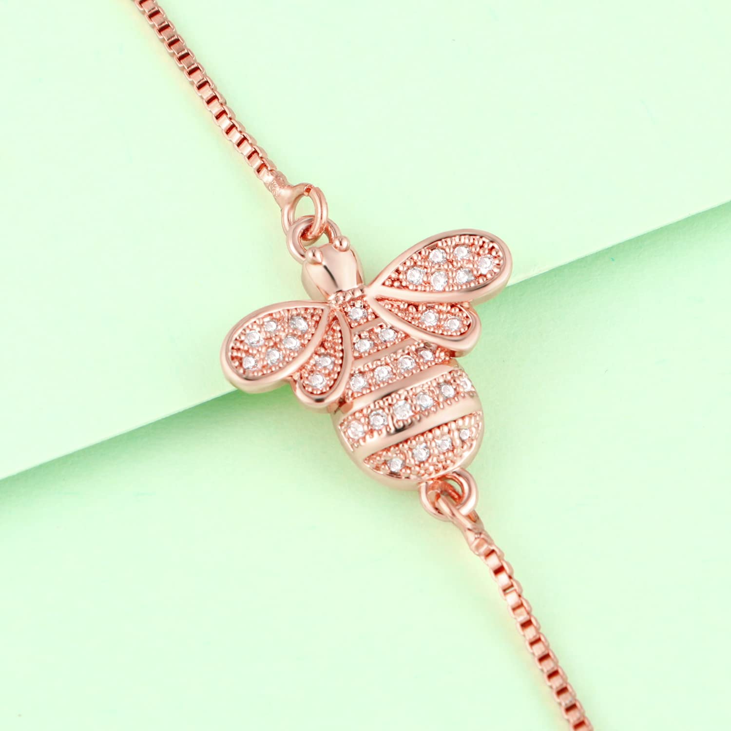 Lepida Micro Pave Bee Pendant Womens Bracelets with Adjustable Box Chain Crystal Diamond CZ Honeybee Jewelry for Her Gift, Rose gold