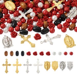 mega pet 180pcs catholic rosary jewelry making kits 3d rose cinnabar beads with barrel wood beads round glass pearl beads crucifix cross pendants rosary beads for diy necklace bracelet jewelry making