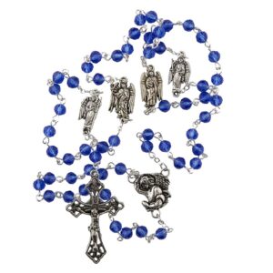 blue acrylic rosary with archangels our father prayer beads, 20 inch