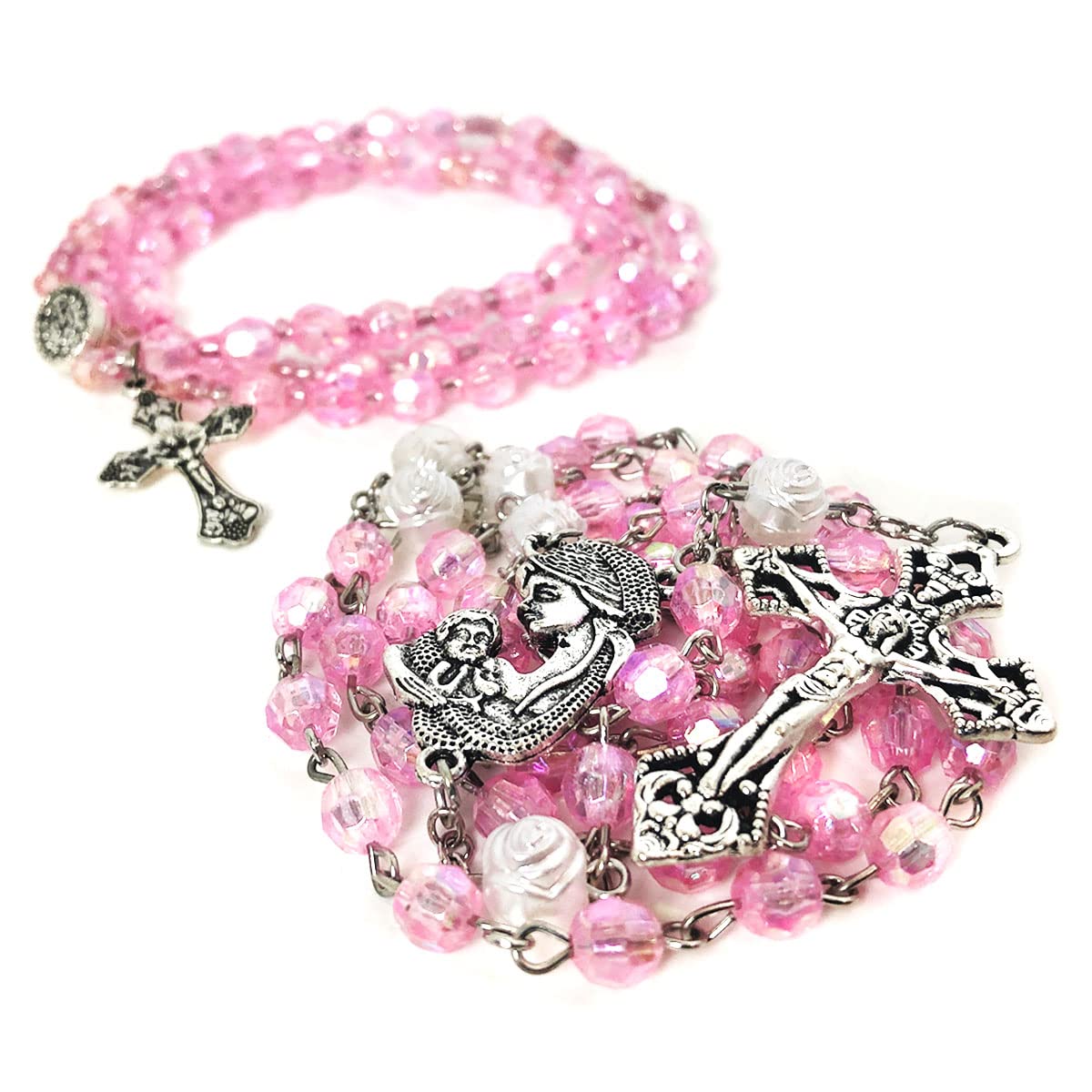 Mother Mary Pink Crystal Cut Rosary and Rosary Bracelet Set,Catholic Rosary,Rosarios Catolicos Para Mujer,Catholic Gifts Women,Rosario Regalos Para Mujer,Rosary Necklace for Women, Acrylic, acrylic