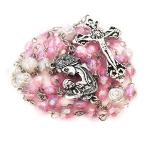 Mother Mary Pink Crystal Cut Rosary and Rosary Bracelet Set,Catholic Rosary,Rosarios Catolicos Para Mujer,Catholic Gifts Women,Rosario Regalos Para Mujer,Rosary Necklace for Women, Acrylic, acrylic