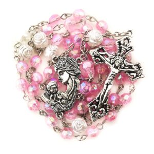 Mother Mary Pink Crystal Cut Rosary and Rosary Bracelet Set,Catholic Rosary,Rosarios Catolicos Para Mujer,Catholic Gifts Women,Rosario Regalos Para Mujer,Rosary Necklace for Women, Acrylic, acrylic