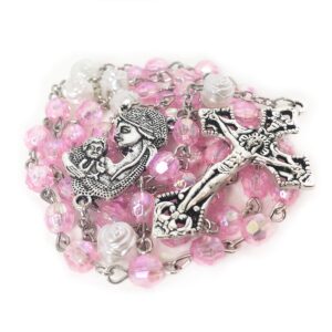 Mother Mary Pink Crystal Cut Rosary and Rosary Bracelet Set,Catholic Rosary,Rosarios Catolicos Para Mujer,Catholic Gifts Women,Rosario Regalos Para Mujer,Rosary Necklace for Women, Acrylic, acrylic