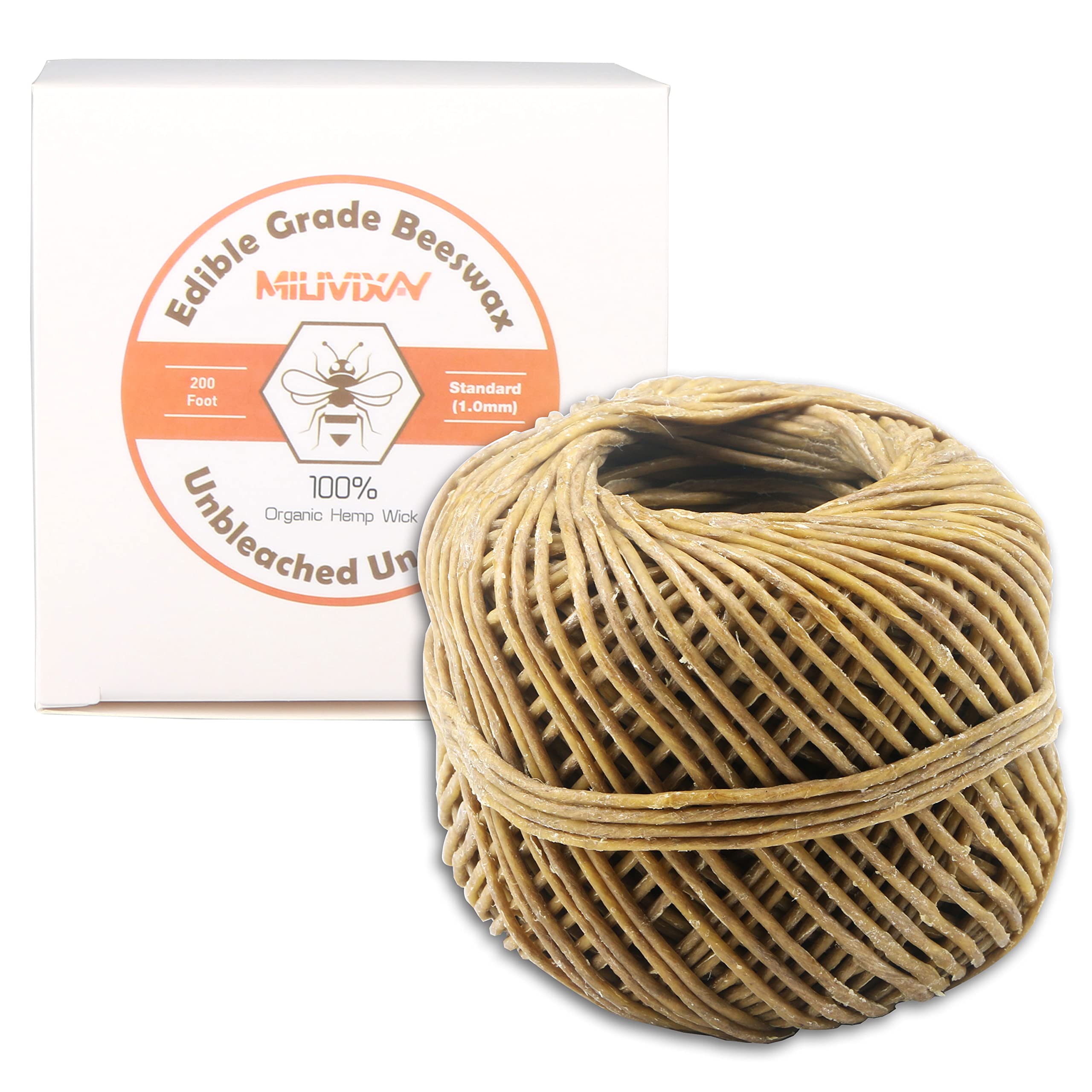 MILIVIXAY Hemp Wick with Natural Beeswax Coating, Edible Grade Beeswax, 200 FT Spool, Standard Size (1.0mm),Unbleached, Un-dyed and 100% Organic.