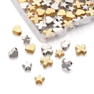 Craftdady 60pcs 3 Styles Crucifix Cross Heart Star Spacer Beads Platinum Gold Tiny Brass Loose Charm Beads for Bracelet Jewelry Making