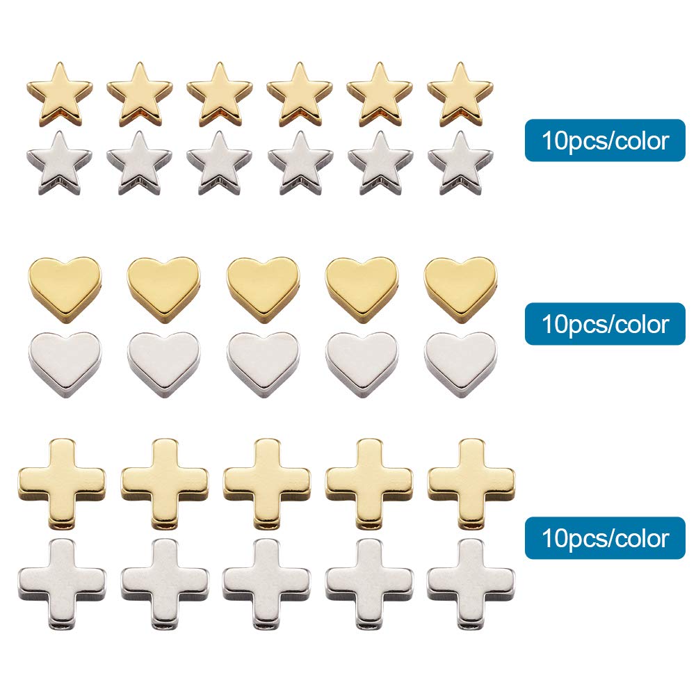 Craftdady 60pcs 3 Styles Crucifix Cross Heart Star Spacer Beads Platinum Gold Tiny Brass Loose Charm Beads for Bracelet Jewelry Making