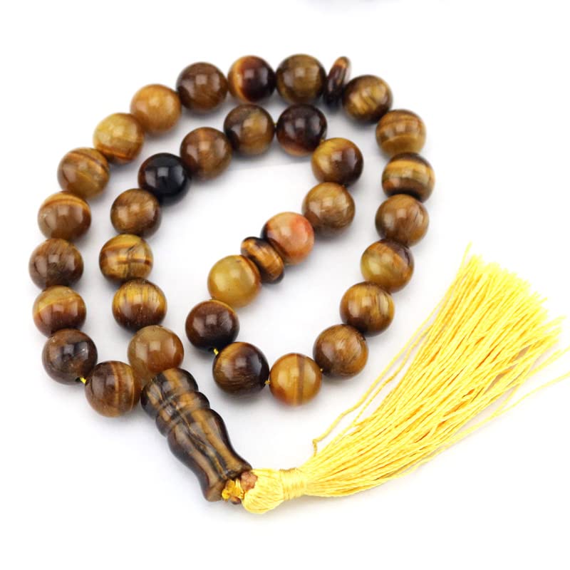 Natural Stone 12mm Yellow Agate Beads 33 Rosary Islamic Muslim Tasbih Allah Woman Bracelet Male Tiger Eye Bracelet Gift - (Gem Color: Tiger Eye)