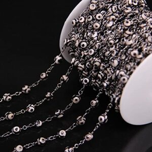 5meter/lot,6mm eyes dzi agates faceted round beads chain,black white agates gun black plated wire wrapped rosary chains