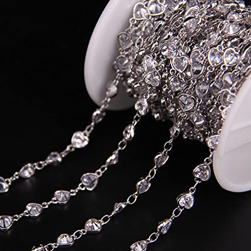 6mm,Heart Zircon Rosary Chain,Faceted White Cubic Zircon Silver Chain,CZ Bracelet Earrings Necklace Sweater Chain - (Color: 5meters)