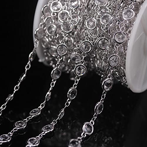 3Meter Faceted Clear K9 Optical Glass Crystal Coin Bead Rosary Chains,Plated Silver Brass Flat Round Beaded DIY Necklaces