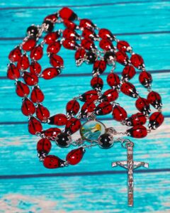 col-p catholic steel rosary ceramic ladybug devotional 29" inch long centerpiece lady of grace sanctified papal crucifix zinc alloy