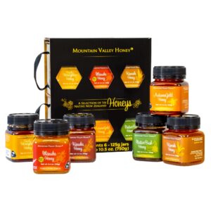 mountain valley raw honey gift set, box of 6 with premium new zealand manuka honey mgo 83+, pure natural honey collection, 6 x 4.4oz pots, perfect gourmet food gift for families