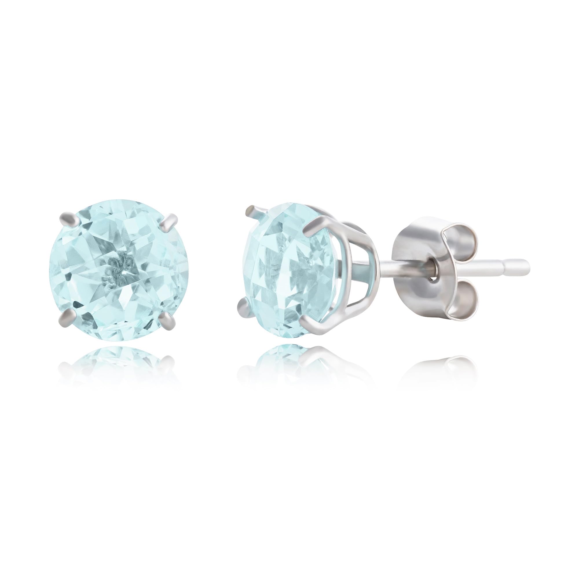 MAX + STONE 10k White Gold Round Checkerboard Cut Aquamarine Stud Earrings (6mm)