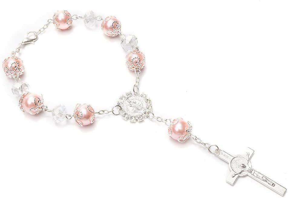 YRP Gifts 12 Pcs Pink/Silver Boy/Girl Hand Bracelet, Mini Rosary Rhinestone Memories Gift for Baptism/First Communion Festivities