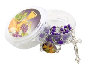 body of christ first communion rosary with box case, 18 inch