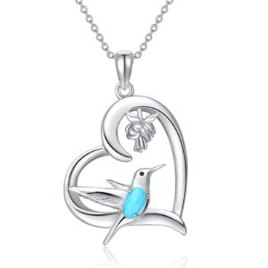 bethza hummingbird necklace 925 sterling silver heart with flower pendant genuine turquoise gemstone hummingbirds animal jewelry gifts for women