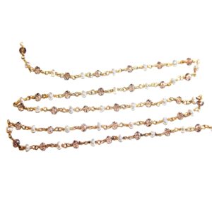 smoky & freshwater pearl stone faceted & pearl smooth rondelle gemstone beaded rosary chain by foot for jewelry making - 24k gold plated over silver handmade wire wrapped bead chain necklaces