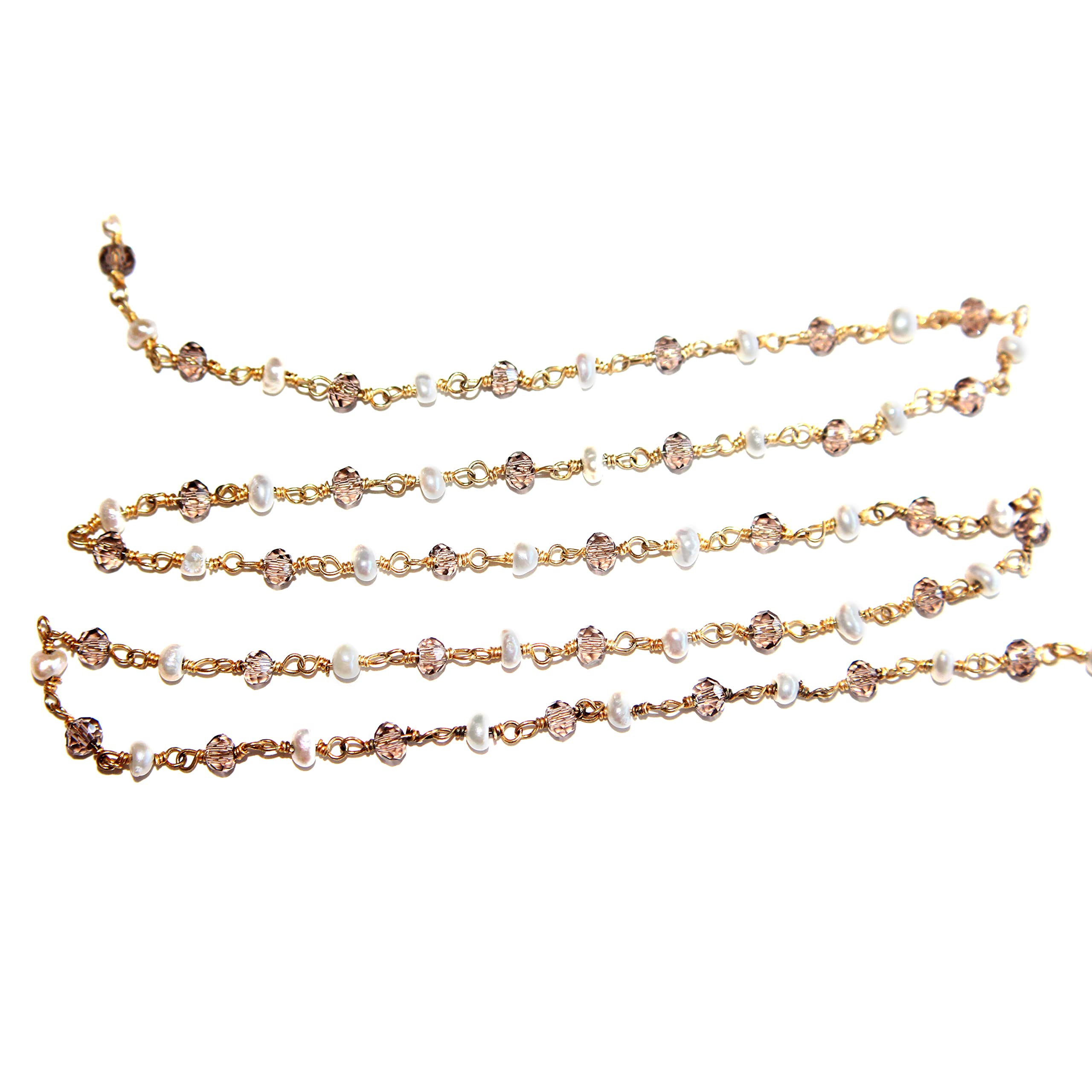 Smoky & Freshwater Pearl Stone Faceted & Pearl Smooth Rondelle Gemstone Beaded Rosary Chain by Foot For Jewelry Making - 24K Gold Plated Over Silver Handmade Wire Wrapped Bead Chain Necklaces