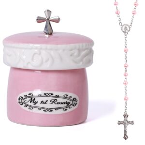 my first rosary cross for girl keepsake box and rosary gifting set, pink