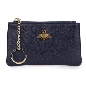 women genuine leather coin purse zip cute bee pouch change wallet with keychain, navy