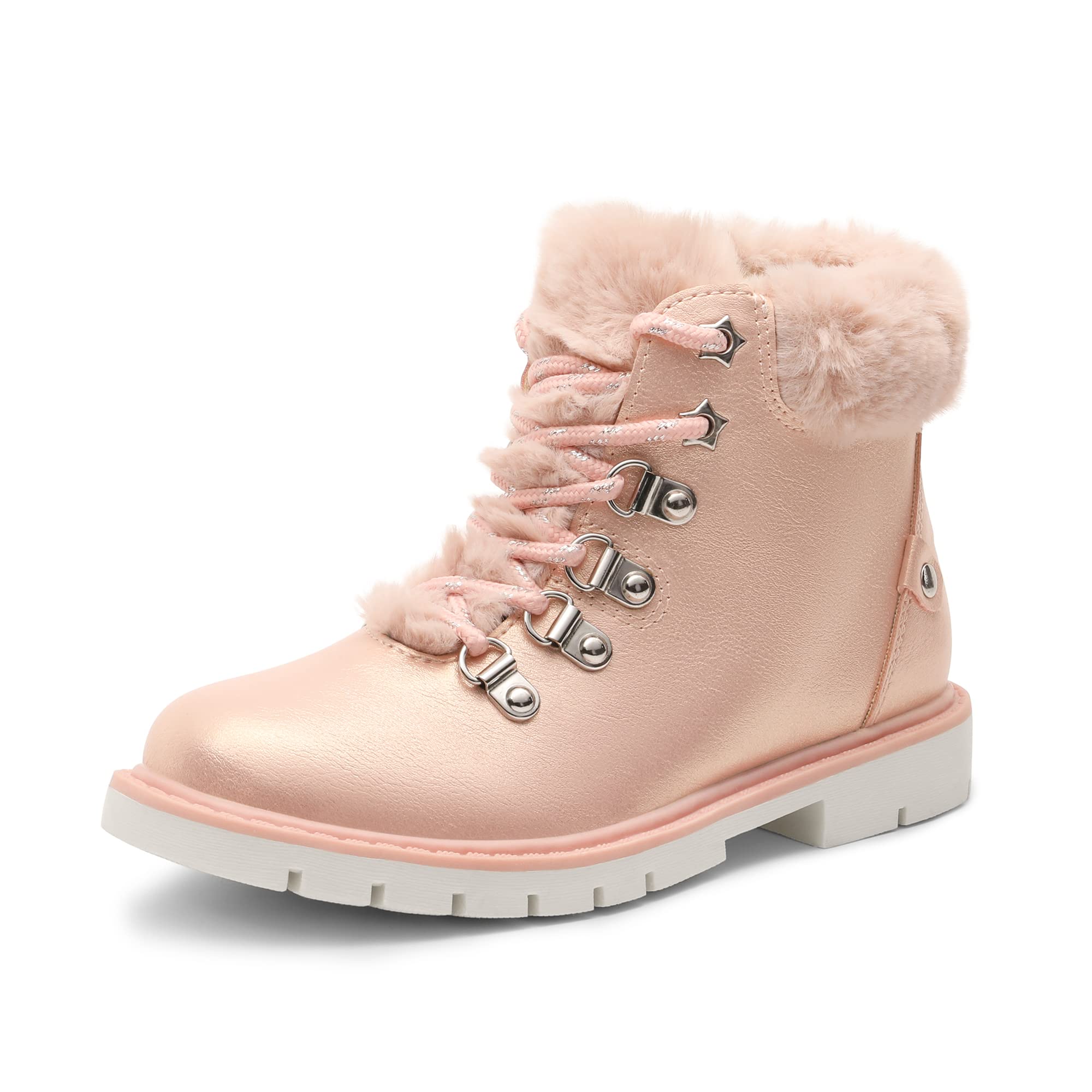 DREAM PAIRS Girls Side Zipper Lace up Faux Fur Ankle Boots SDBO213K PINK PU Size 2 Little Kid