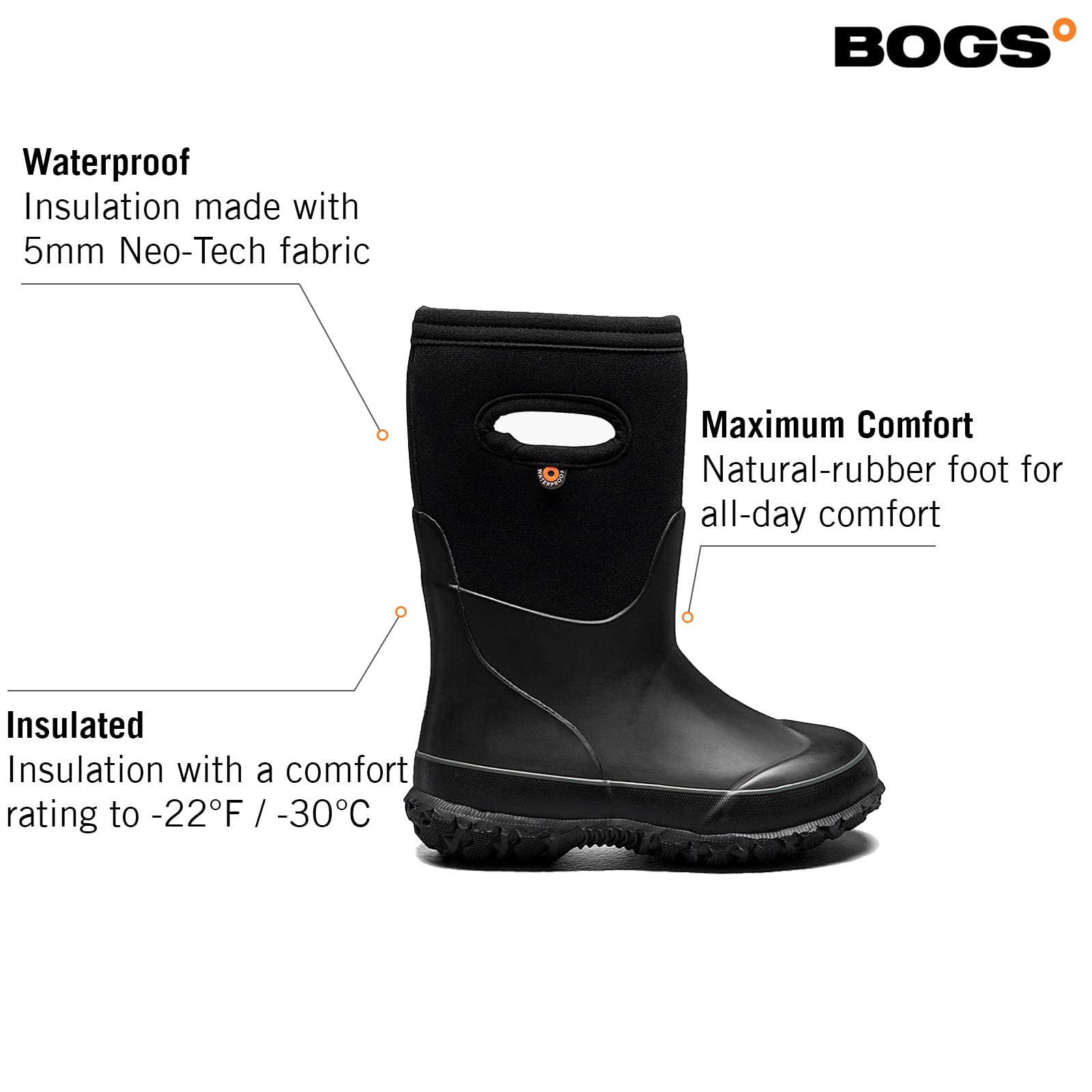 BOGS Grasp Rain Boots I Waterproof, Insulated All Weather Mud & Snow Boots for Cold Weather I Big Girls, Big Boys, Little Girls & Little Boys - Black - 2