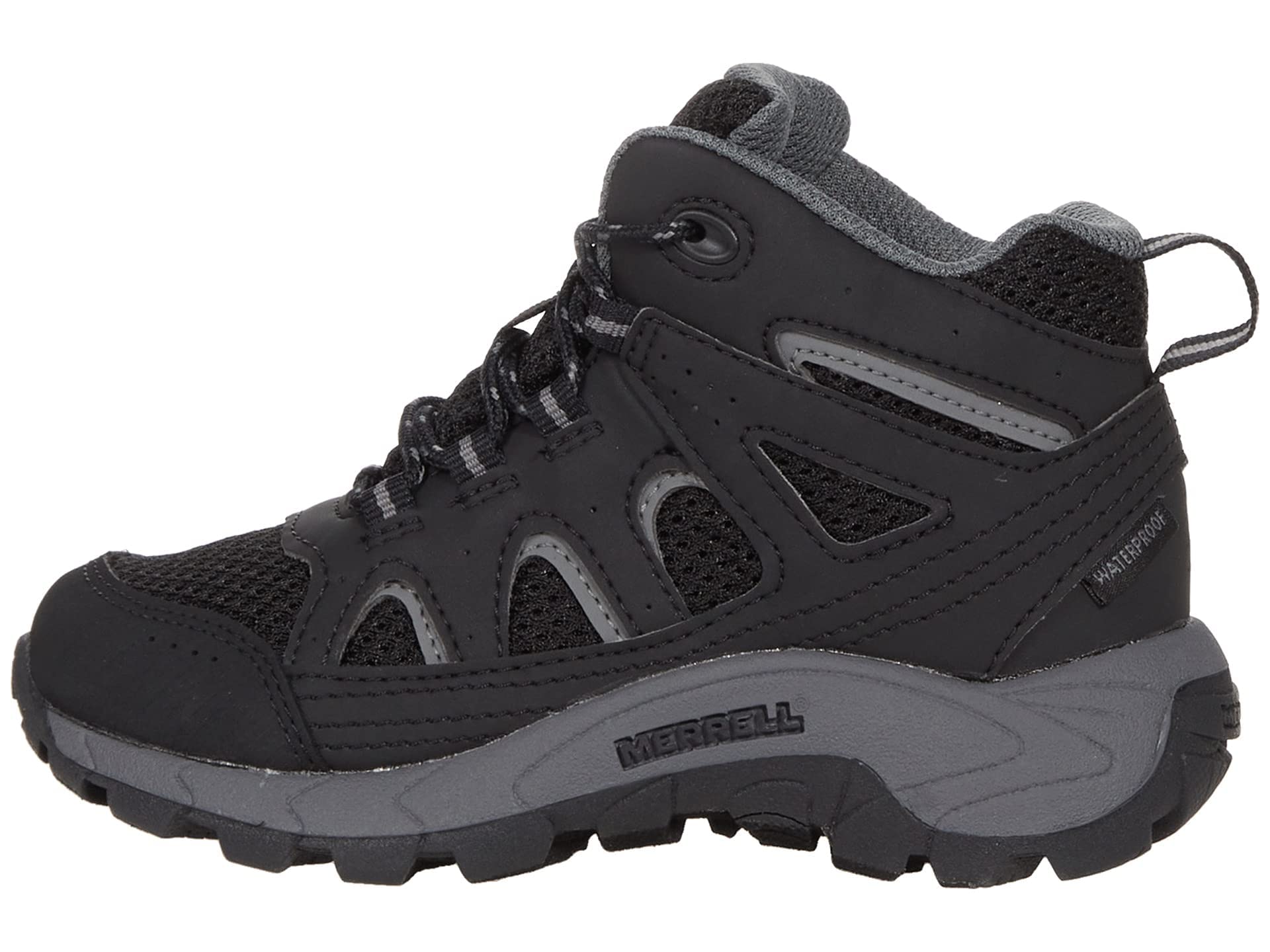 Merrell Oakcreek Mid Lace WTRPF Hiking Boot, Black/Grey, 2 US Unisex Big Kid