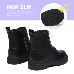 Athlefit Boys Girls Waterproof Combat Boots Lace Up Side Zipper Black Ankle Booties for Little Kid Size 2