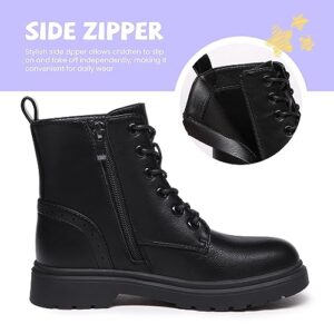 Athlefit Boys Girls Waterproof Combat Boots Lace Up Side Zipper Black Ankle Booties for Little Kid Size 2