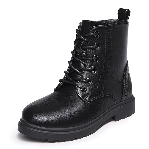 Athlefit Boys Girls Waterproof Combat Boots Lace Up Side Zipper Black Ankle Booties for Little Kid Size 2