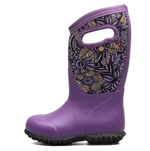 bogs kids york boys and girls waterproof insulated rubber and neoprene winter rain boot, wild garden print - purple, size 2 big kid