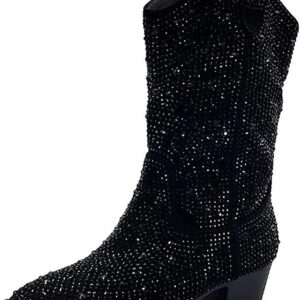 Forever Girls/Kids Rhinestone Western Cowgirl Cowboy Pointed Toe Low Heel Boots River-11K Black 2