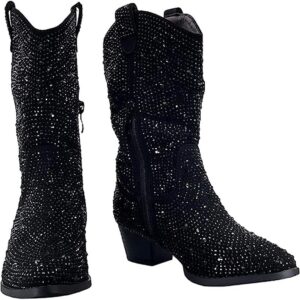 Forever Girls/Kids Rhinestone Western Cowgirl Cowboy Pointed Toe Low Heel Boots River-11K Black 2