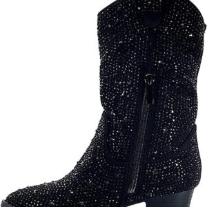 Forever Girls/Kids Rhinestone Western Cowgirl Cowboy Pointed Toe Low Heel Boots River-11K Black 2