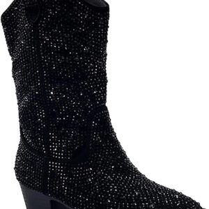 Forever Girls/Kids Rhinestone Western Cowgirl Cowboy Pointed Toe Low Heel Boots River-11K Black 2