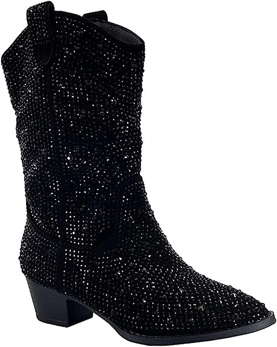 Forever Girls/Kids Rhinestone Western Cowgirl Cowboy Pointed Toe Low Heel Boots River-11K Black 2