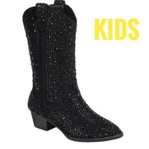 Forever Girls/Kids Rhinestone Western Cowgirl Cowboy Pointed Toe Low Heel Boots River-11K Black 2