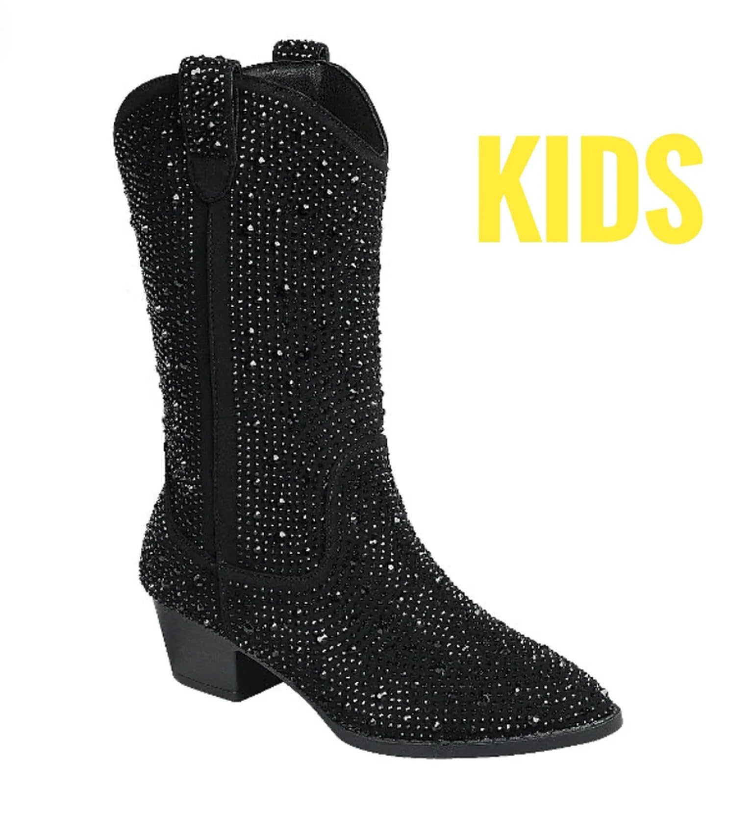 Forever Girls/Kids Rhinestone Western Cowgirl Cowboy Pointed Toe Low Heel Boots River-11K Black 2