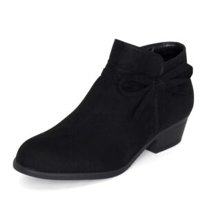 stylish s mirlo-k ~ little girls low stacked heel almond toe ankle boots with side zipper and bow tie (blk suede, 2)