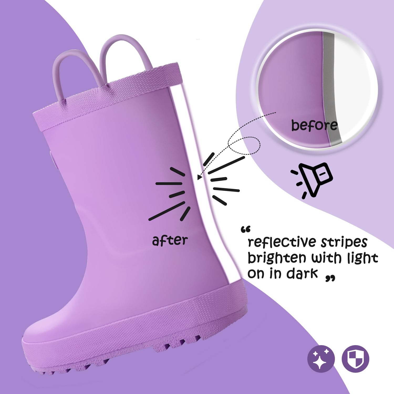 KomForme Kids Rain Boots, Waterproof Rubber Matte Boots with Reflective Stripes and Easy-on Handles Light Purple, 2 Big Kid