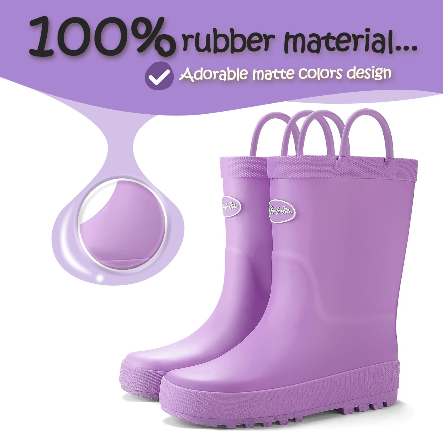 KomForme Kids Rain Boots, Waterproof Rubber Matte Boots with Reflective Stripes and Easy-on Handles Light Purple, 2 Big Kid