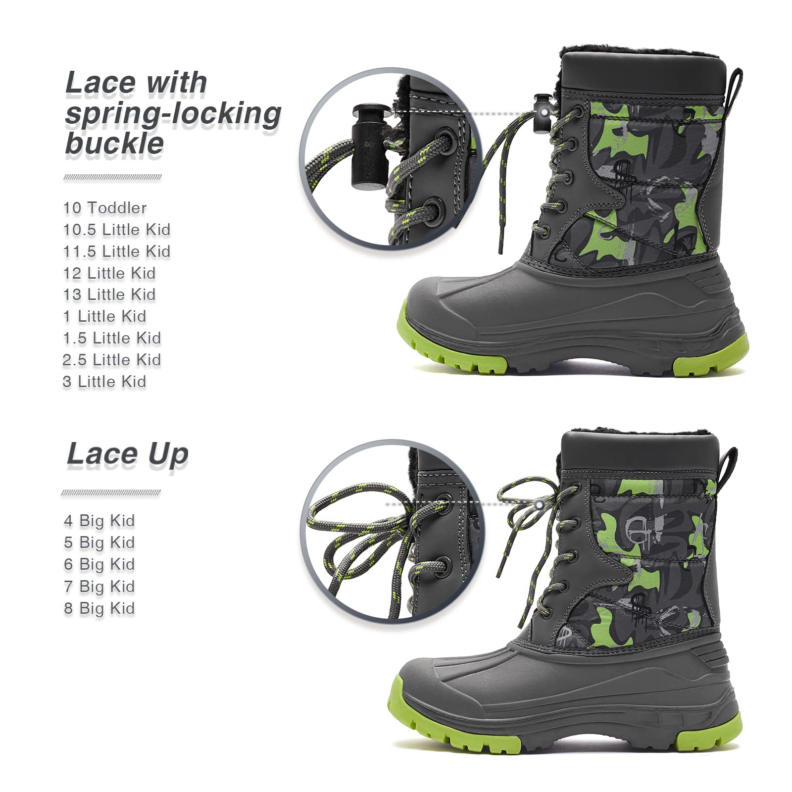 BODATU Boys Snow Boots Outdoor Waterproof Winter Kids Shoes Grey/Green 7768, 2.5 Little Kid