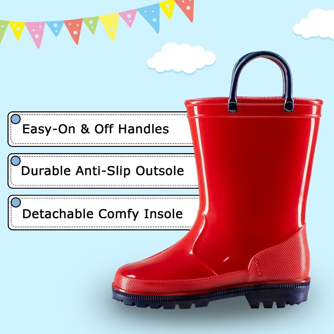 EUXTERPA Kids Rain Boots Unisex Children Lightweight Waterproof Boots Solid Color Toddler Rain Shoes with handles for Boys and Girls Toddler Size 2 Red