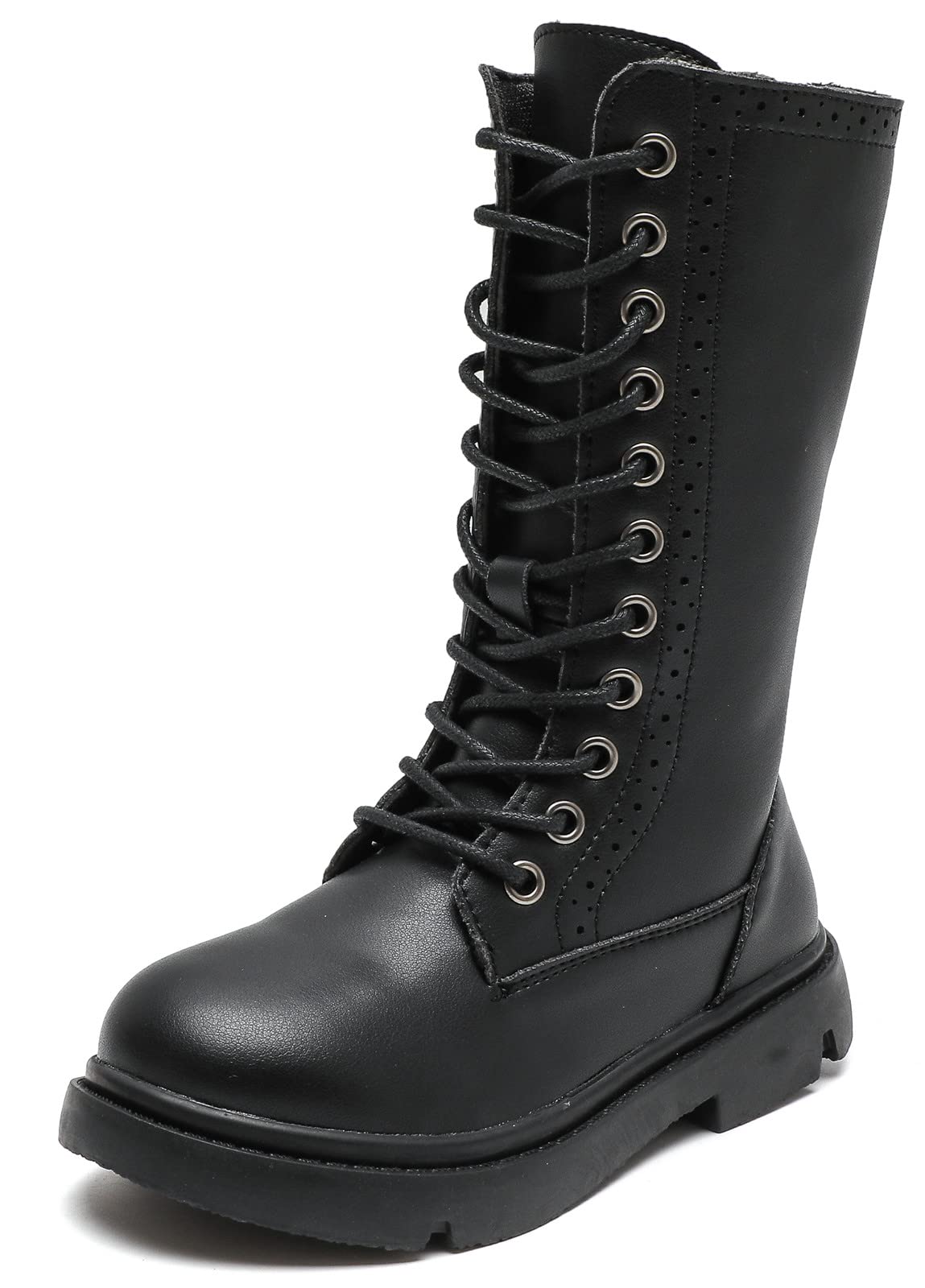 DADAWEN Boys Girls Leather Lace-Up Waterproof Side Zipper Mid Calf Combat Riding Winter Boots (Toddler/Little Kid/Big Kid) Black US Size 2 M Little Kid