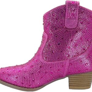 Forever Girls Rhinestone Cowboy Boots Kids Low Heel Dress Booties River-01K Fuchsia 2