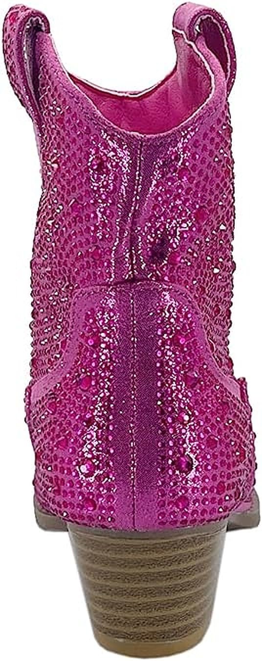 Forever Girls Rhinestone Cowboy Boots Kids Low Heel Dress Booties River-01K Fuchsia 2