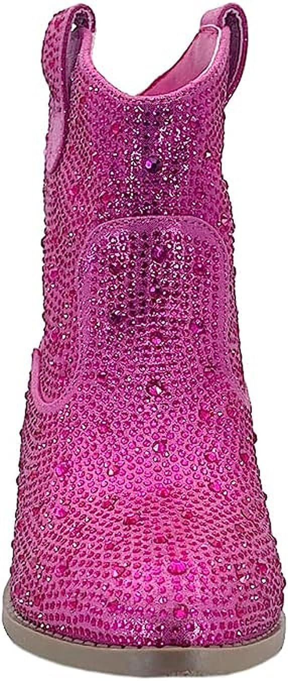 Forever Girls Rhinestone Cowboy Boots Kids Low Heel Dress Booties River-01K Fuchsia 2