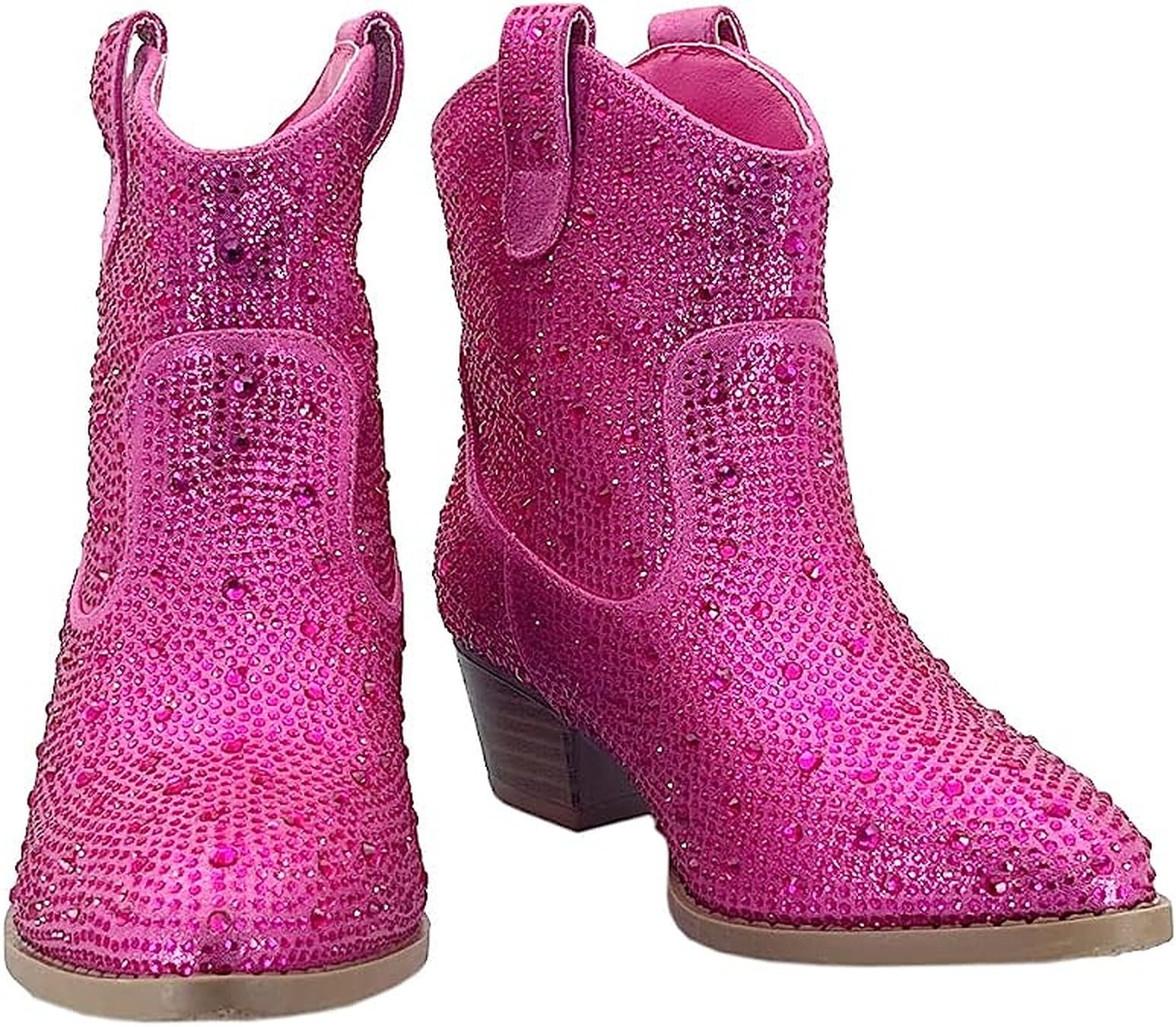 Forever Girls Rhinestone Cowboy Boots Kids Low Heel Dress Booties River-01K Fuchsia 2